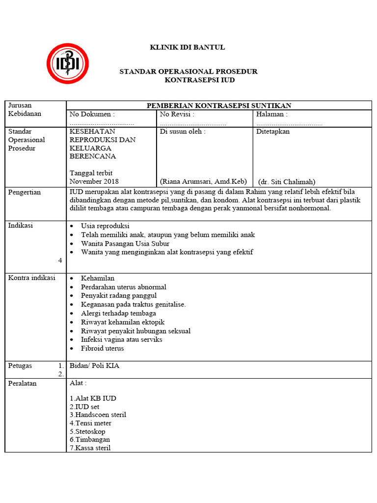 Sop Bidan Klinik Idi Bantul Iud | PDF