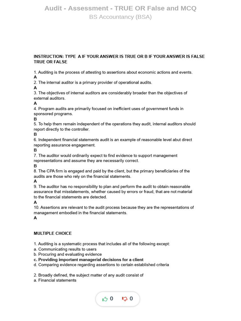 Audit Assessment True or False and MCQ - Compress | PDF