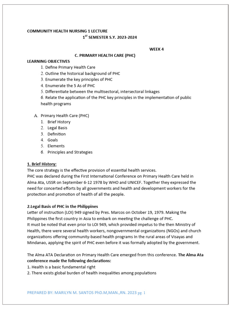 Community Health Nursing 1 Lecture Week 4 | PDF | Preventive Healthcare ...