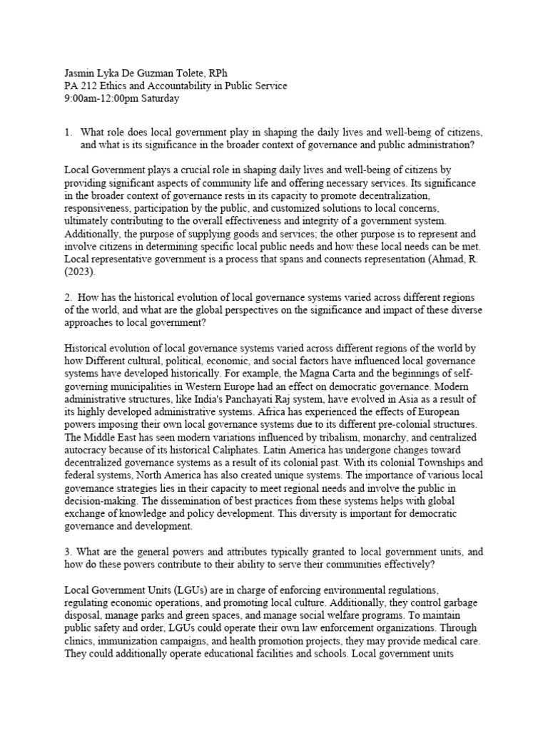 Reflection Paper 1 (Local Government) Jasmin Lyka de Guzman Tolete ...