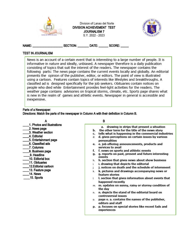 Journalism 7 Test | PDF | Newspapers | News