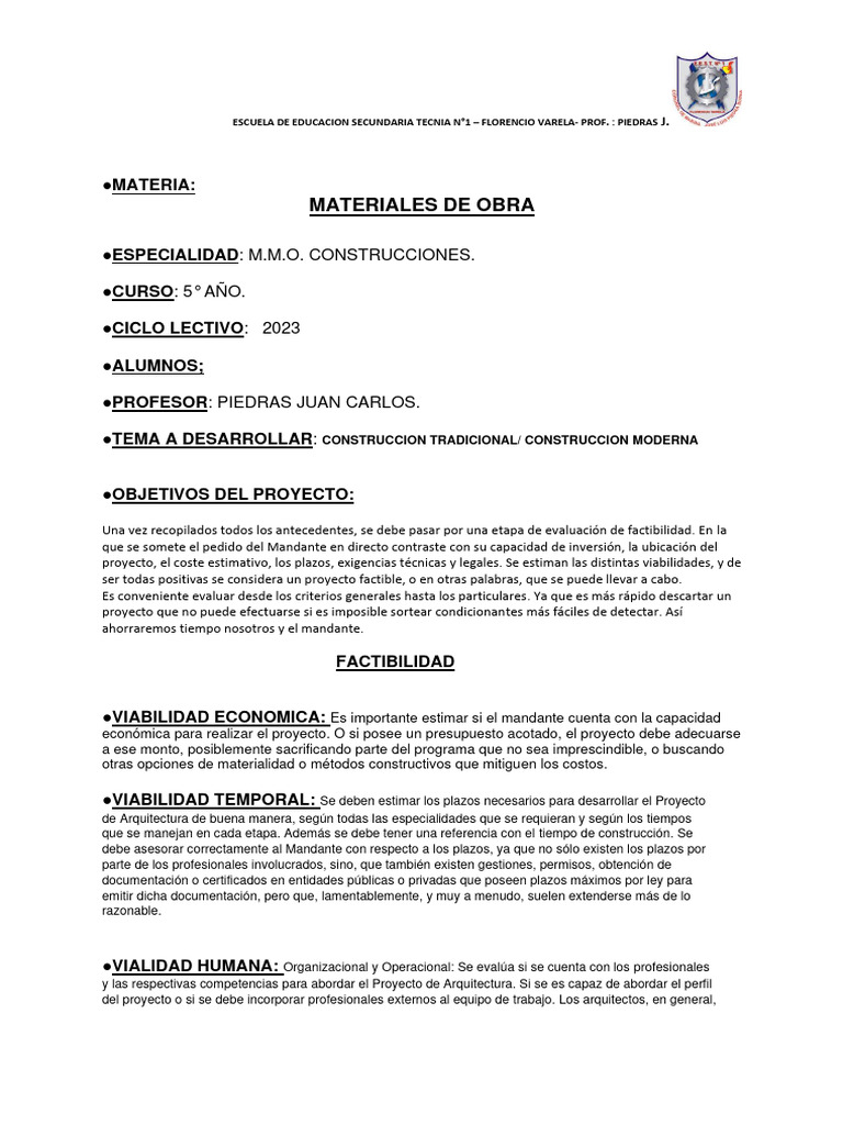Proyecto Materiales de Obra Tec 1 | PDF