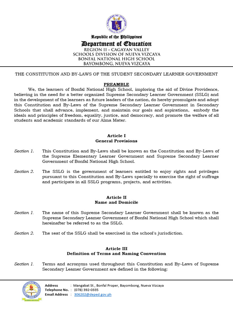 SSLG - Bonfal NHS Constitution and By-Laws (Revised) | Download Free PDF | Governance | Impeachment