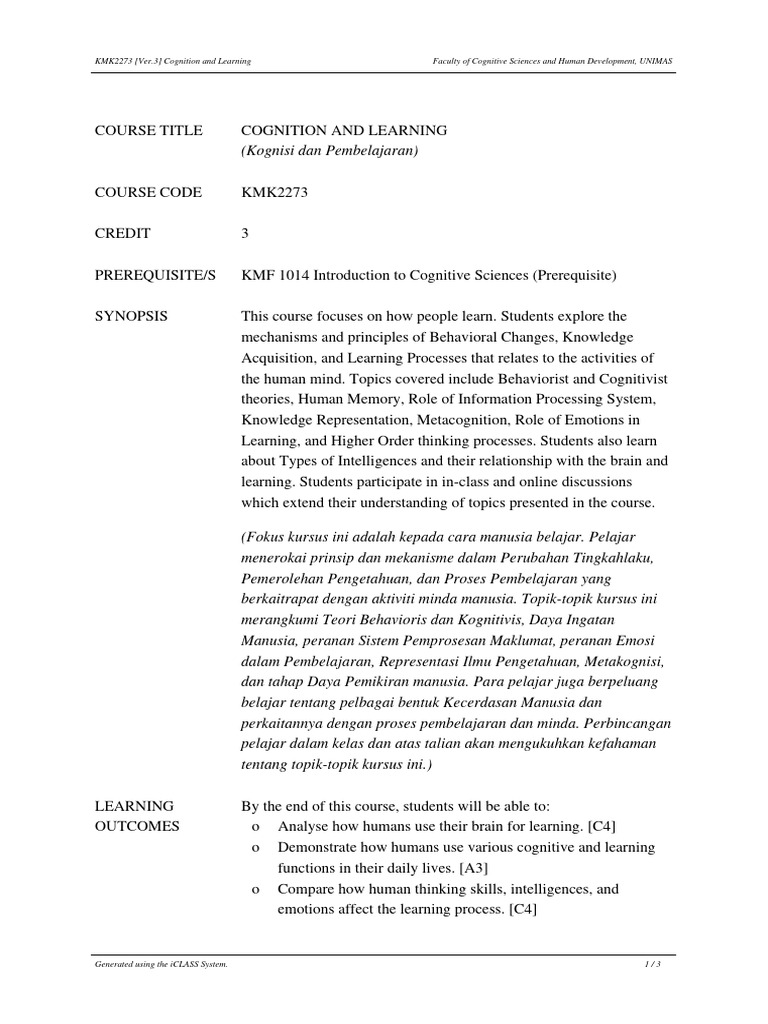 KMK2273 Cognition and Learning Course Outline | PDF | Learning | Cognition