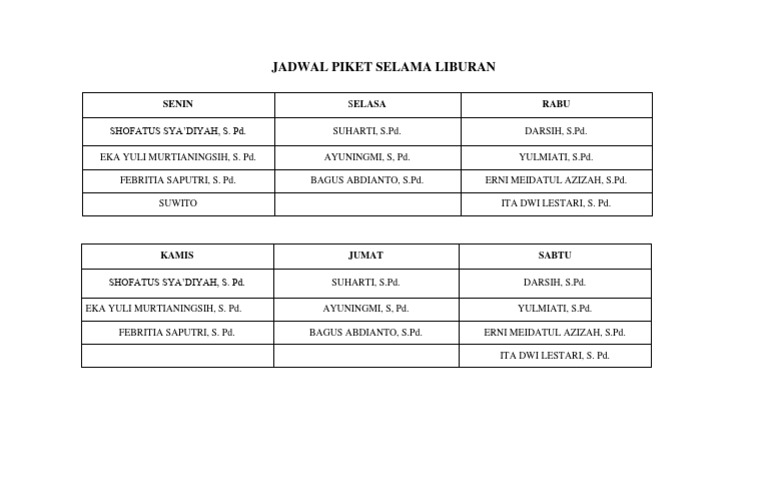 Jadwal Piket Selama Liburan | PDF