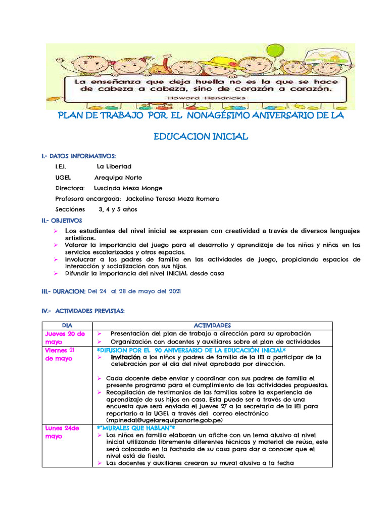 PLAN POR LA Semana Educacion Inicial | PDF | Educación de la primera infancia | Aprendizaje