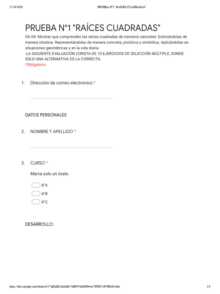 8oMATEMATICA - PRUEBA N°1 - RAICES CUADRADAS | PDF