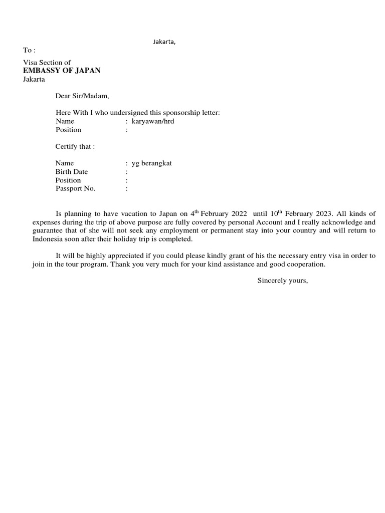 Contoh Surat Sponsor Visa Jepang | PDF