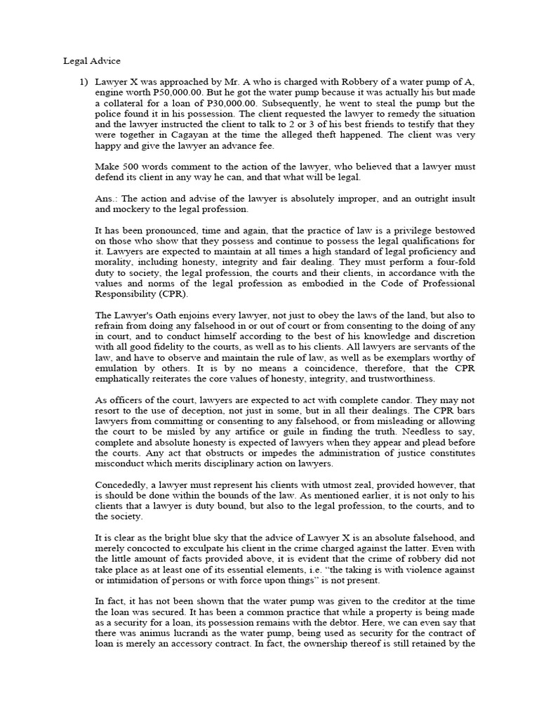 Sample Legal Advice Problems and Answers | PDF | Lawyer | Disbarment
