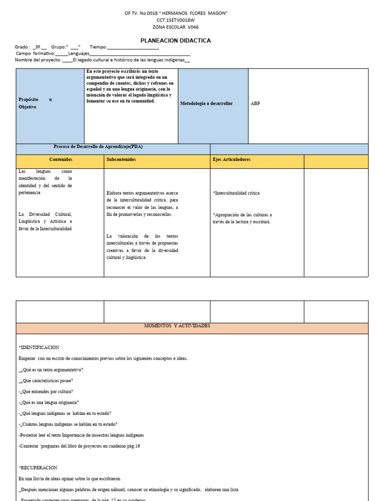 Planeacion Didactica Lenguajes Tercer Grado Proyecto 1 | PDF ...