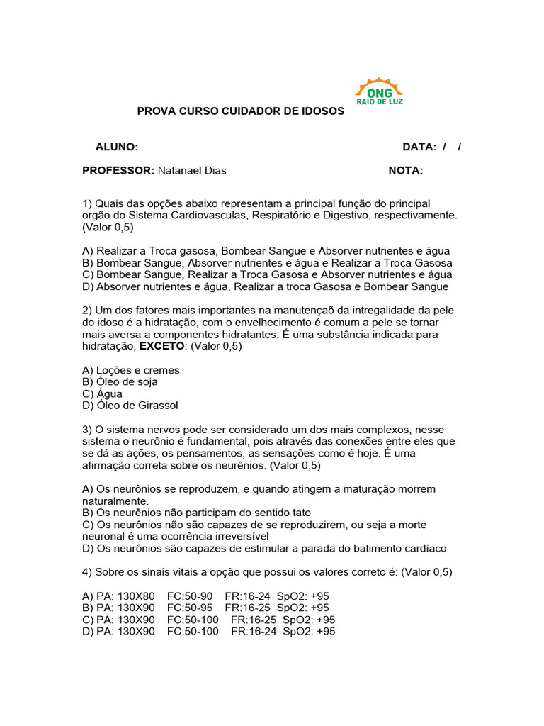 Prova Curso Cuidador de Idosos | PDF | Dormir | Causas de morte