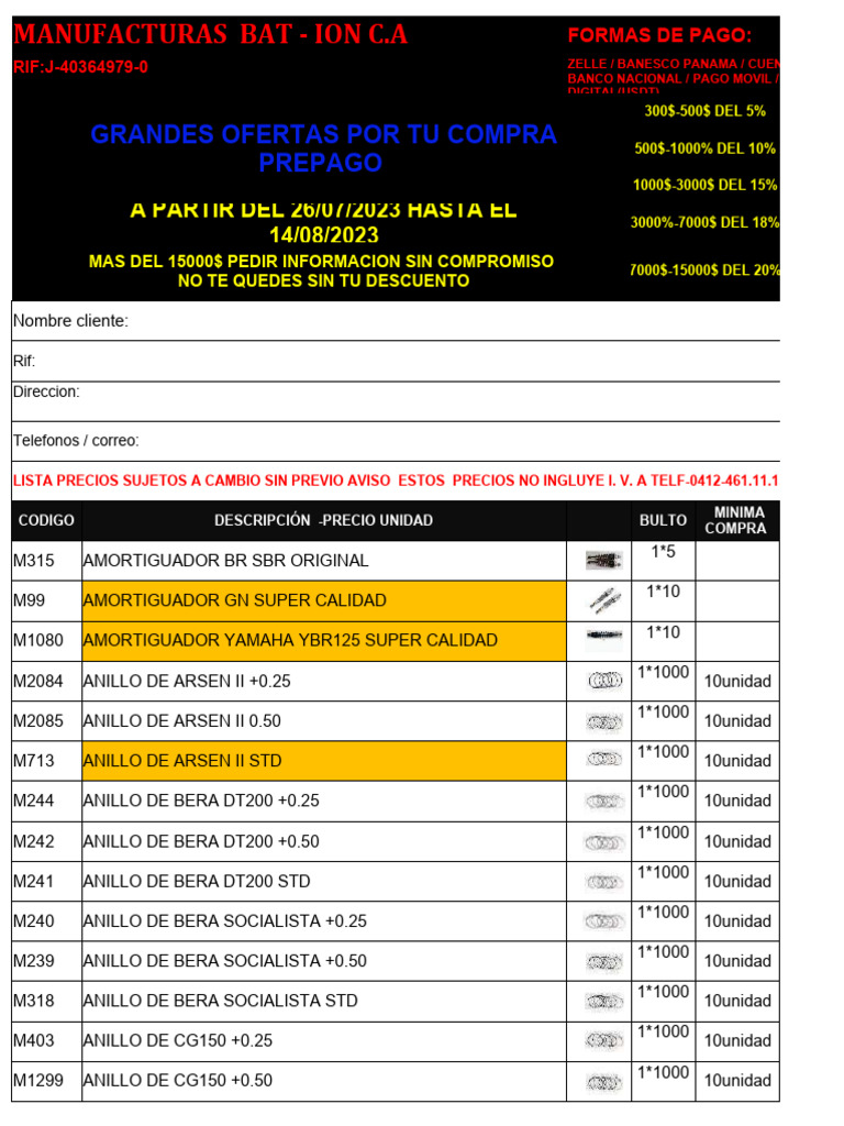 Pedido Bat Ion 16-08-2023 | PDF | Diodo emisor de luz | Bienes ...