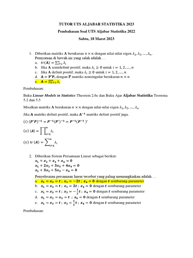 UTS Aljabar Statistika 2023: Pembahasan Soal | PDF
