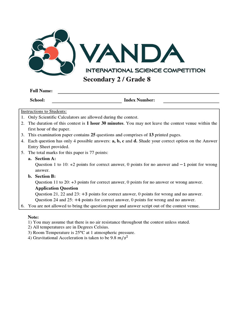 Secondary 2 / Grade 8: Full Name: School: Index Number | PDF