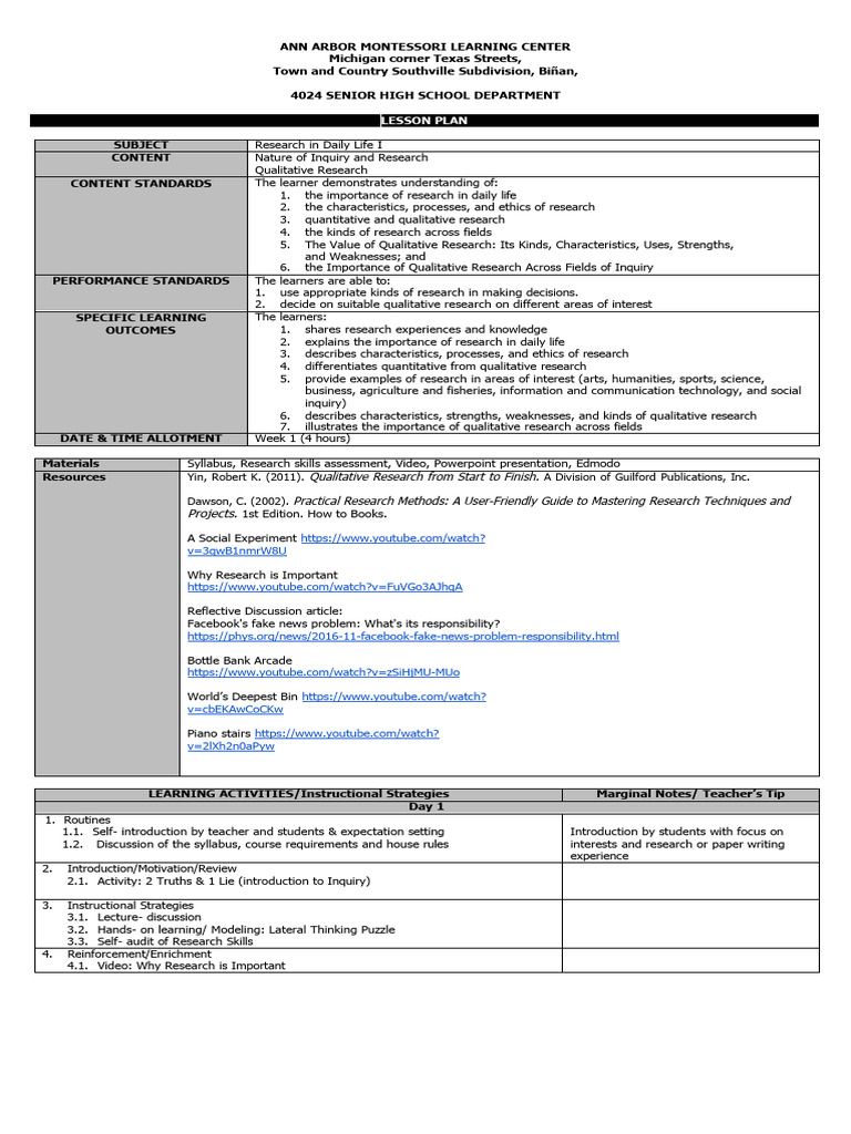 Practical Research 1 Lesson Plan | PDF | Qualitative Research | Learning