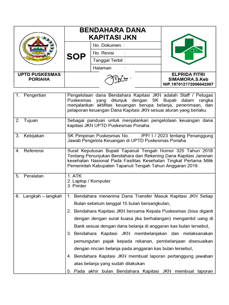 1.5.1 Ep 1 Sop Bendahara Dana Kapitasi JKN Baru Word | PDF