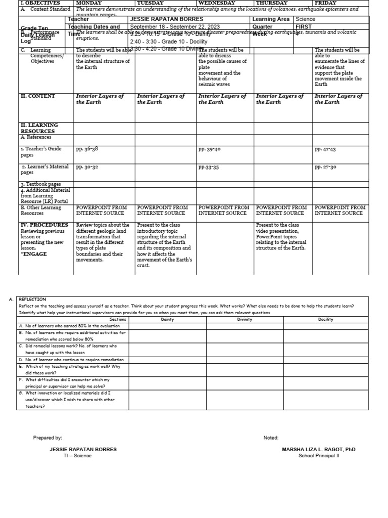 Science 10 Q1 W4 DLL | PDF | Earthquakes | Teachers