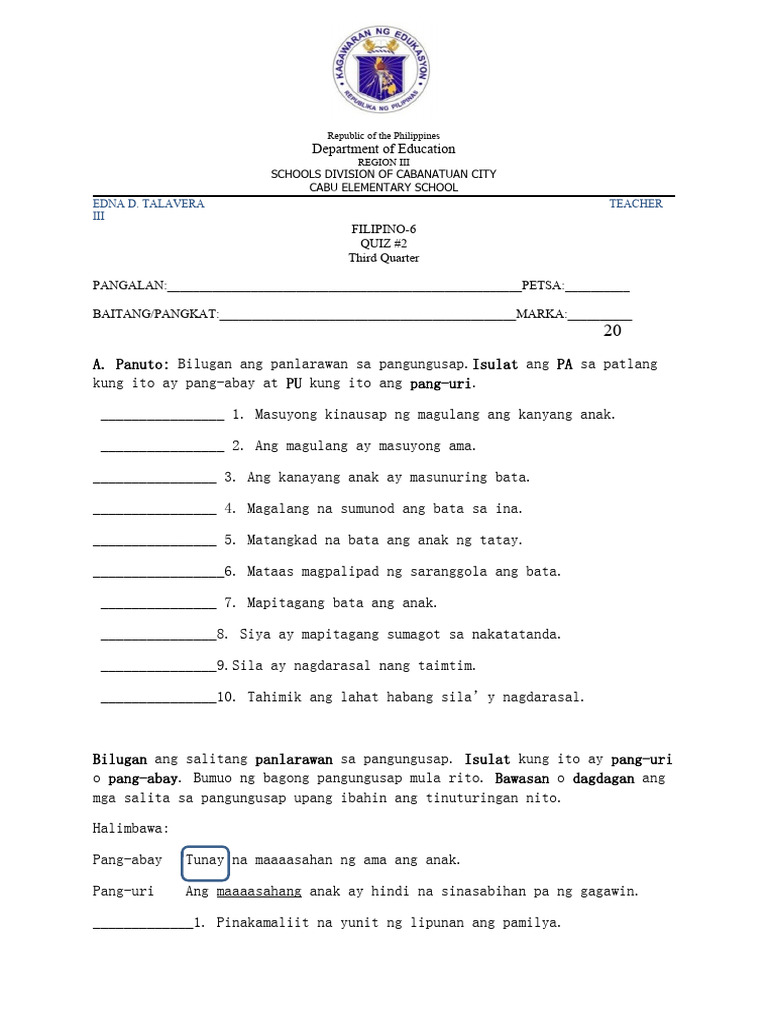 FILIPINO-6 QUIZ - 3rd Quarter - 2 | PDF