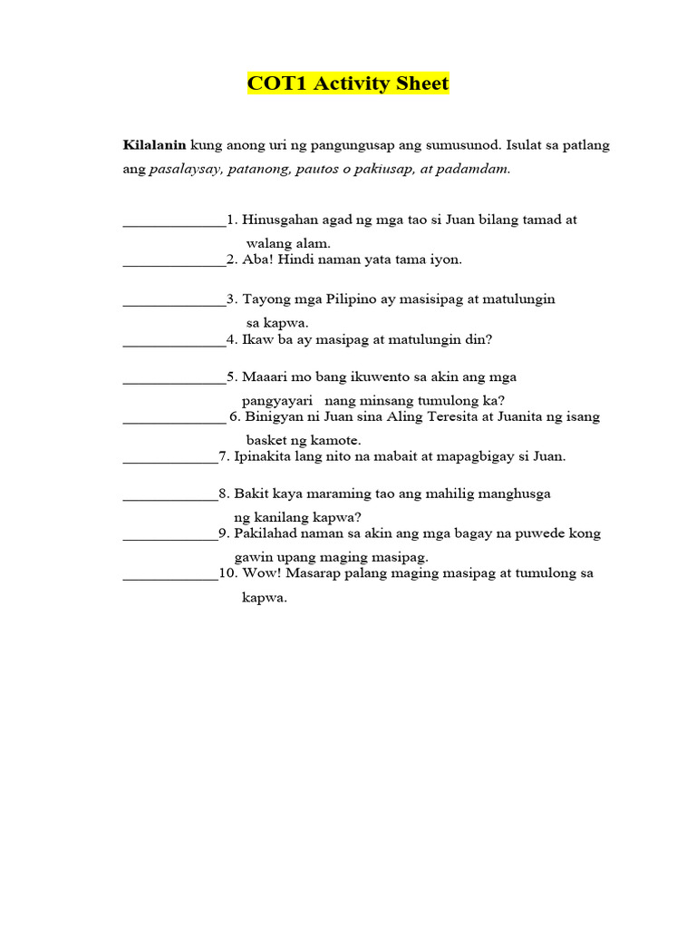 COT1 Activity Sheet | PDF