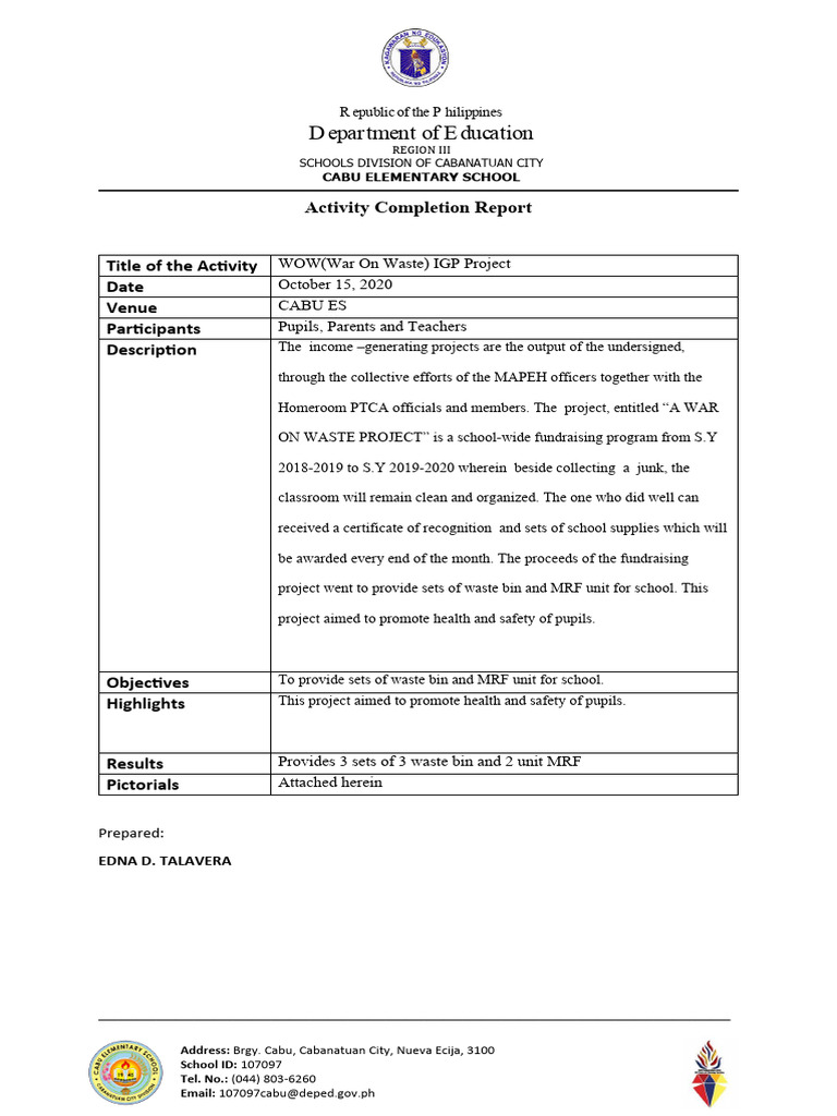 Cabu Elementary School Activity Reports | PDF | Technology & Engineering