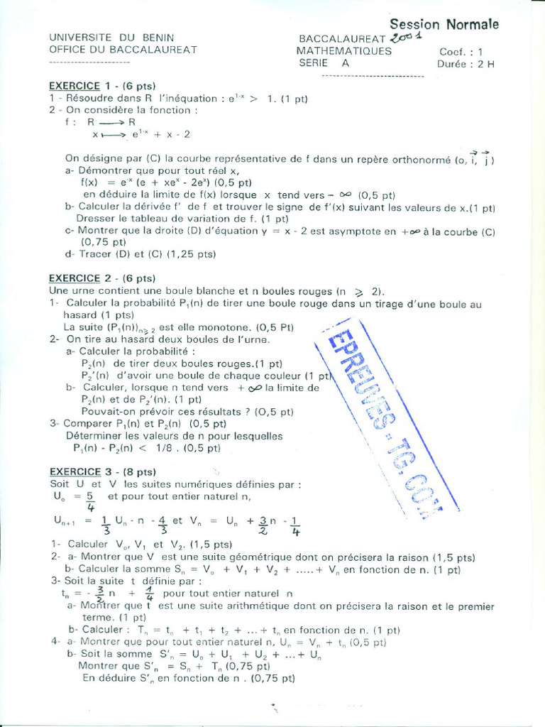 Bac A Math 2001 | PDF
