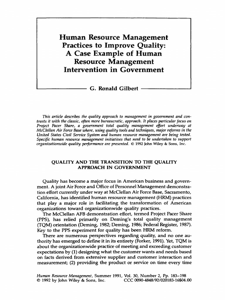 Human Resource Management Practices Improve Quality: A Case Example of ...