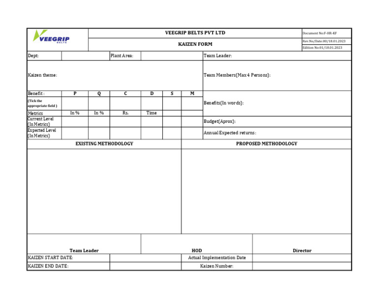 Kaizen Form Template for Veegrip Belts | PDF