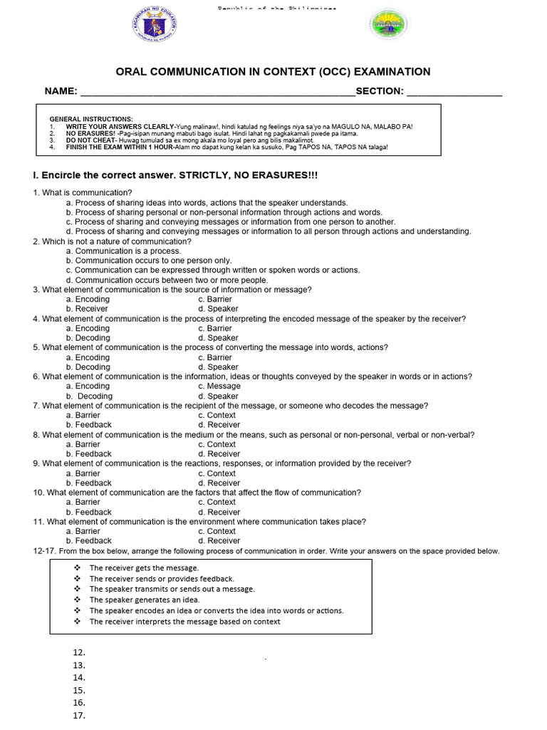 Oral Communication in Context (Occ) Examination | PDF | Communication ...