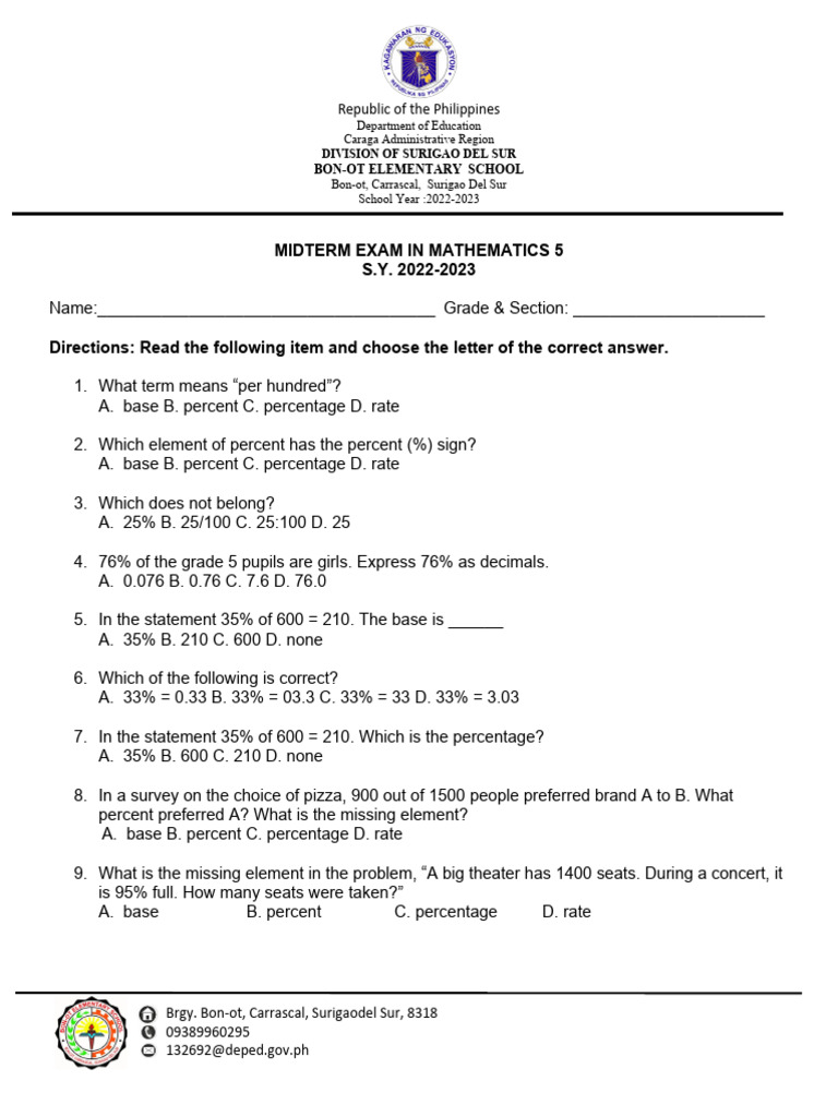Grade 5 Math Midterm Exam 2022-2023 | PDF