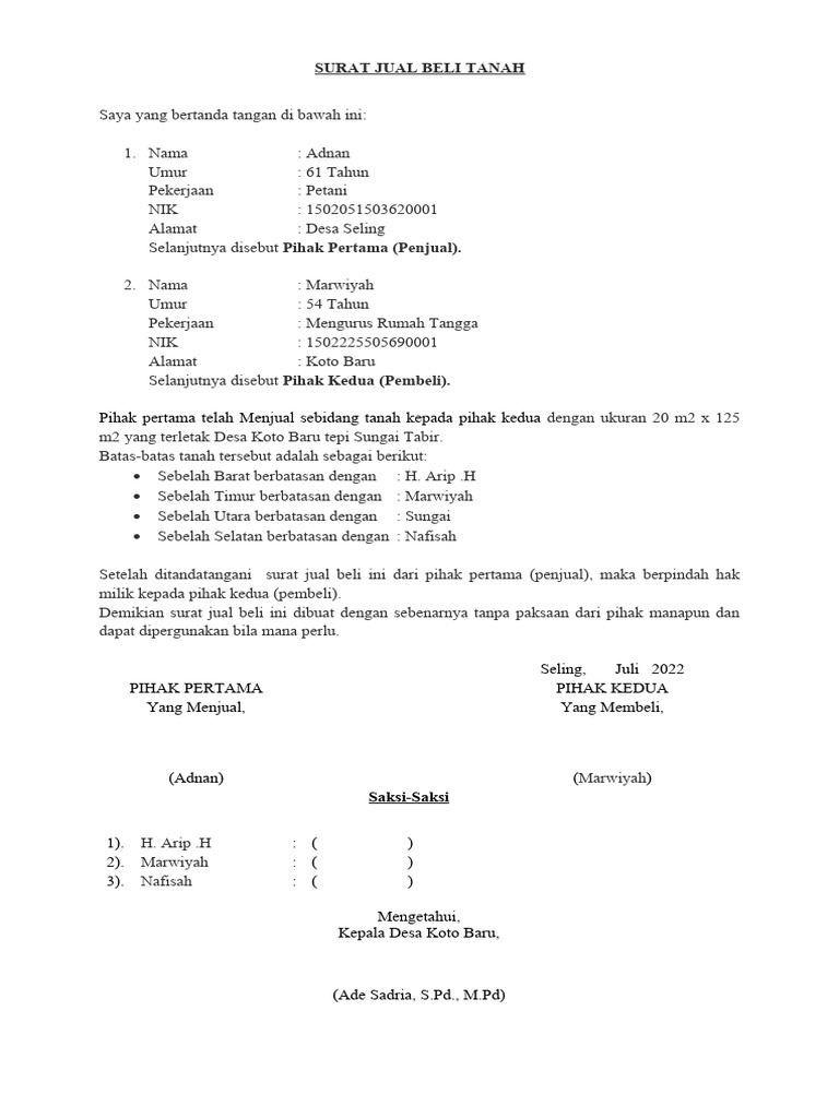 Contoh Surat Perjanjian Jual Beli Tanah | PDF