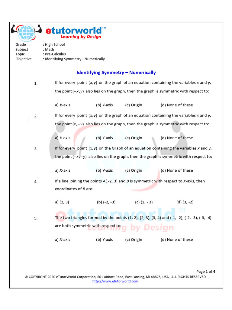 WS - Identifying Symmetry - Numerically - PreCalculus | PDF | Cartesian ...