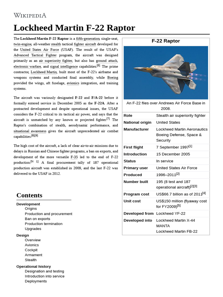 Lockheed Martin F-22 Raptor | PDF | Aerospace | Military Science