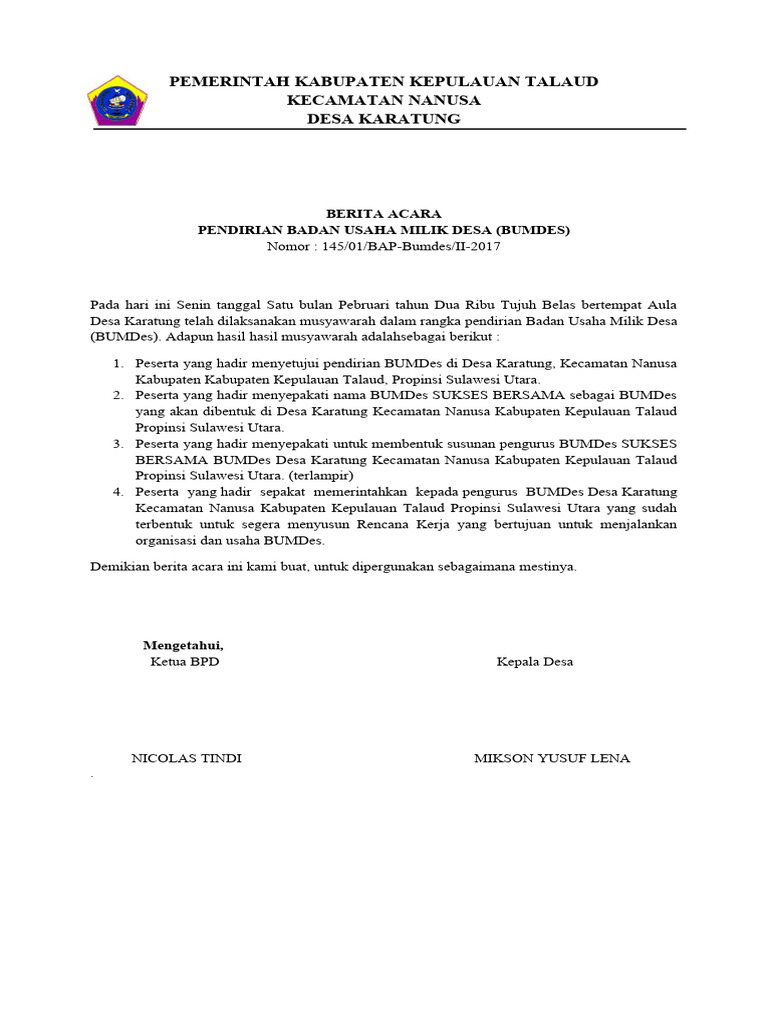 Berita Acara Bumdes Karatung 2023 | PDF
