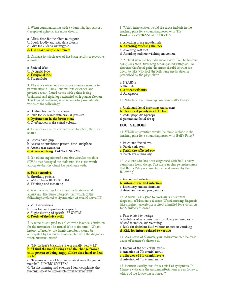 Neuro Post Test | PDF | Weakness | Parkinson's Disease