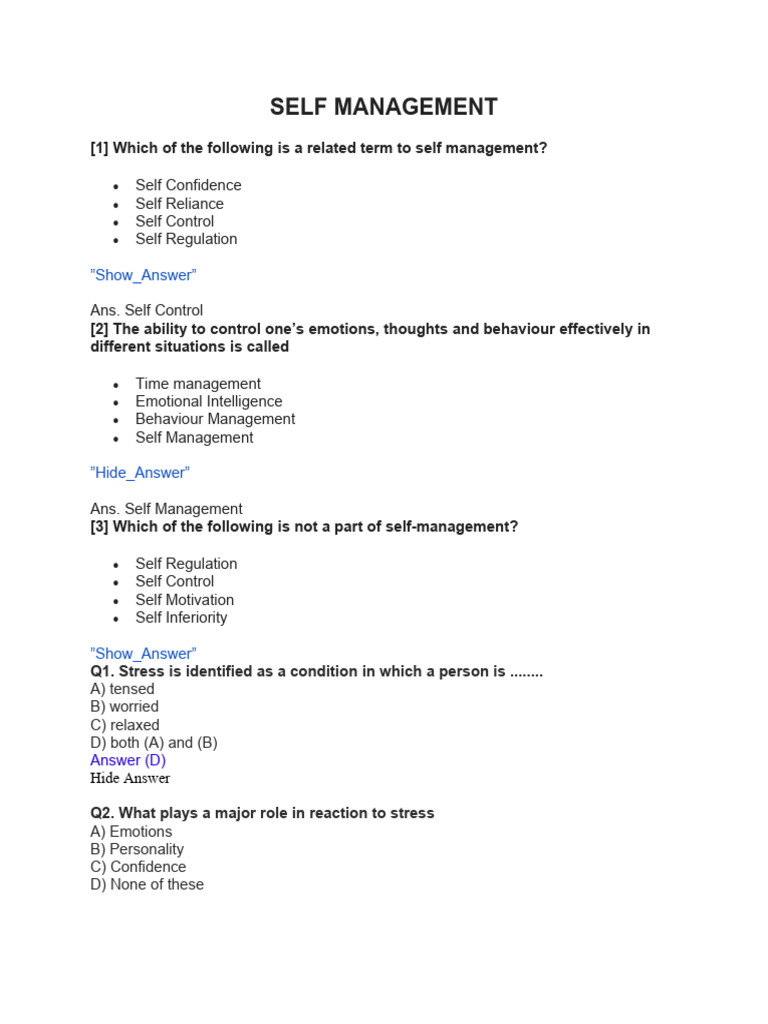 Self Management Pdf Pdf Emotional Self Regulation Stress Biology
