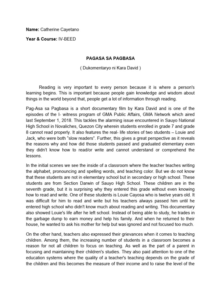 Reflection Paper Dukomentaryo Ni Kara David | PDF | Teachers | Literacy