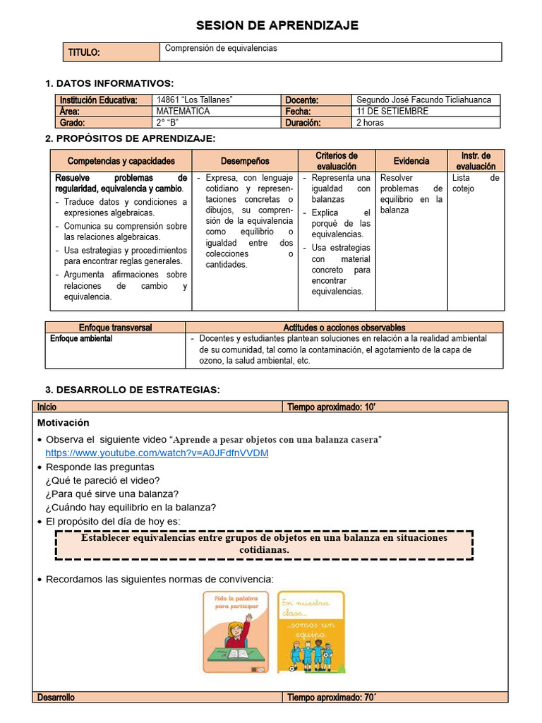 SESION DE APRENDIZAJE Comprension de Equivalencias | PDF | Evaluación | Aprendizaje