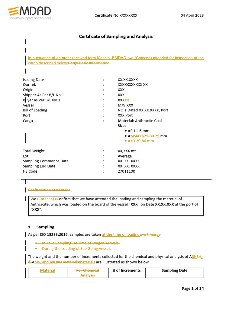 Anthracite Coal Sampling Certificate | PDF | Chemistry | Nature
