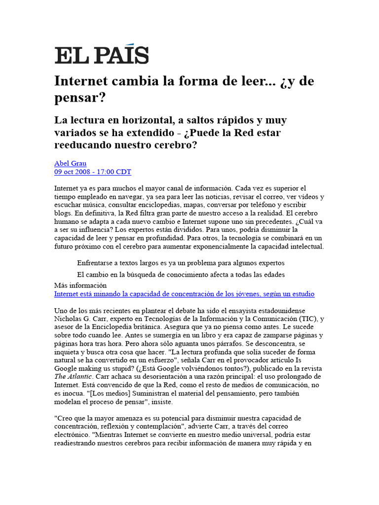 Internet Cambia La Forma de Leer... ¿Y de Pensar - Sociedad - EL PAÍS ...