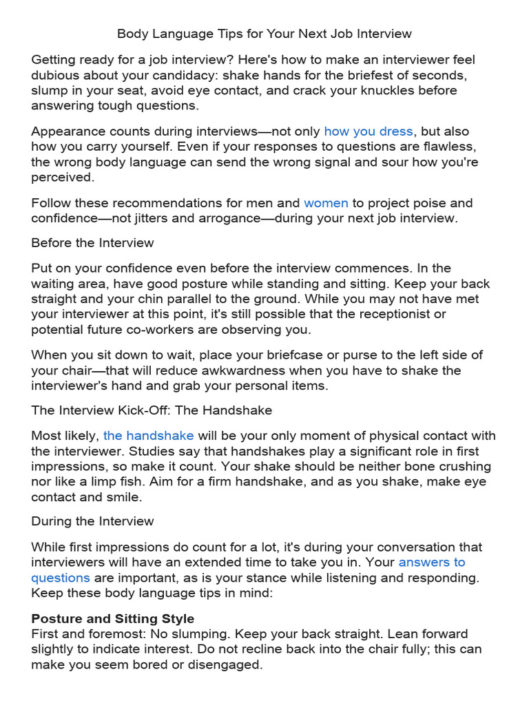 Body Language Tips For Your Next Job Interview | PDF | Body Language | Job Interview