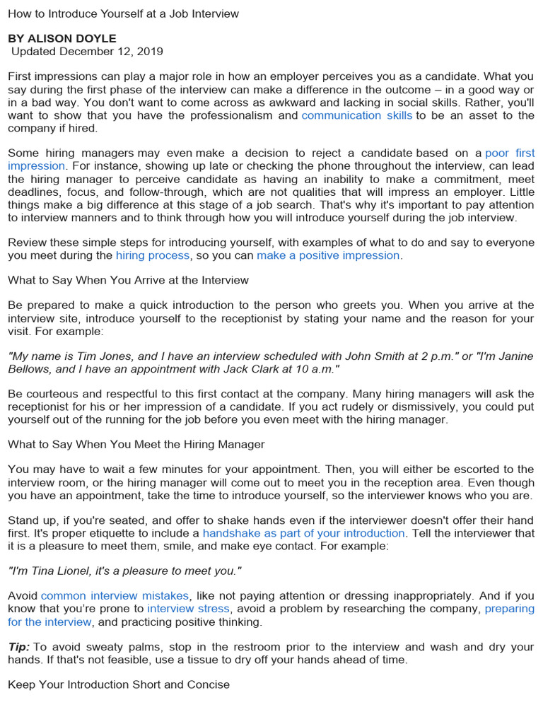 How To Introduce Yourself at A Job Interview | Download Free PDF | Job ...