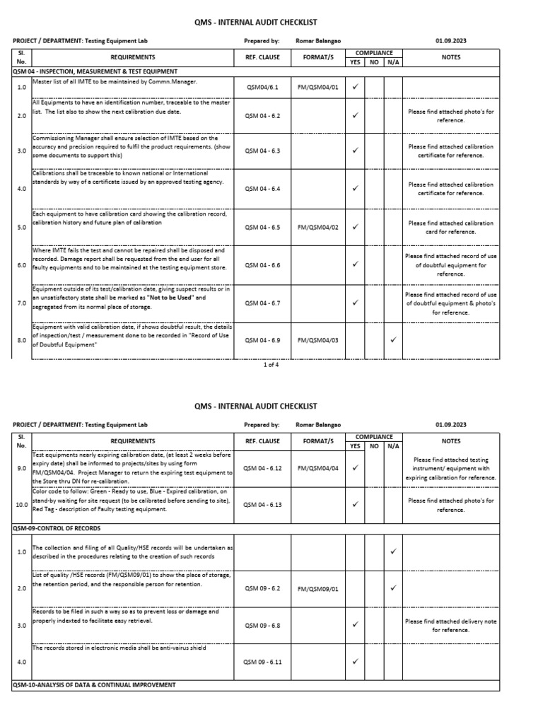 Internal Audit Checklist for IMTE | PDF | Calibration | Audit