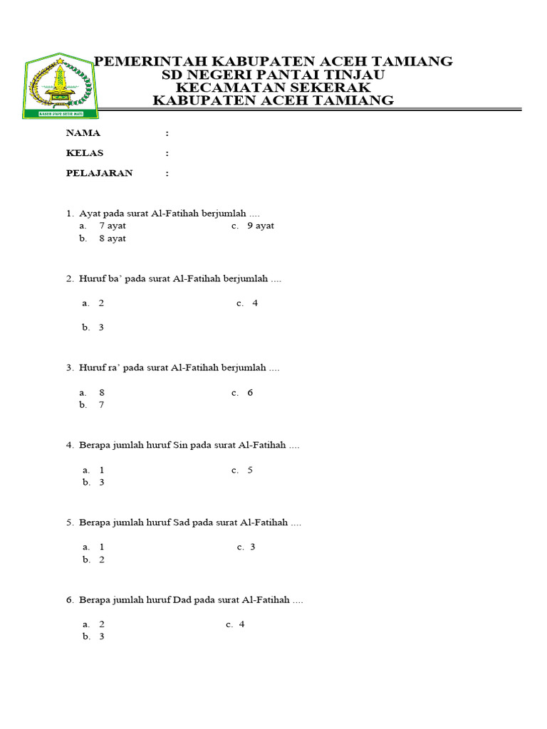 Soal Ujian Kelas 1 Pdf