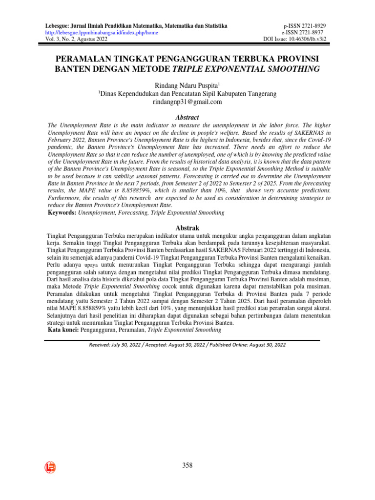 Peramalan Tingkat Pengangguran Terbuka Provinsi Banten Dengan Metode Triple Exponential ...