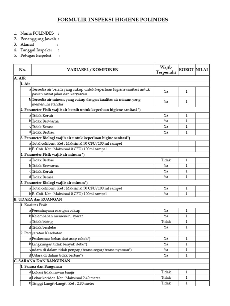 Formulir Inspeksi Hygiene Polindes | PDF