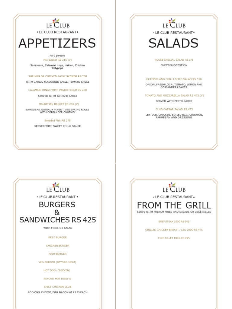 Le Club Menu | PDF | Hamburgers | Salad