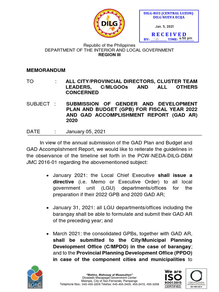 Memo-Submission of GPB 2022 and GAD AR 2020 | PDF | Government