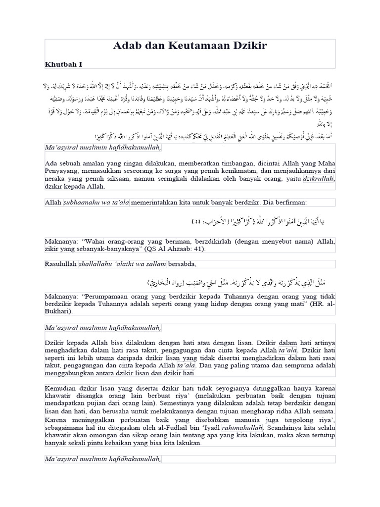 KHUTBAH JUMAT Adab Dan Keutamaan Dzikir | PDF | Agama & Spiritualitas