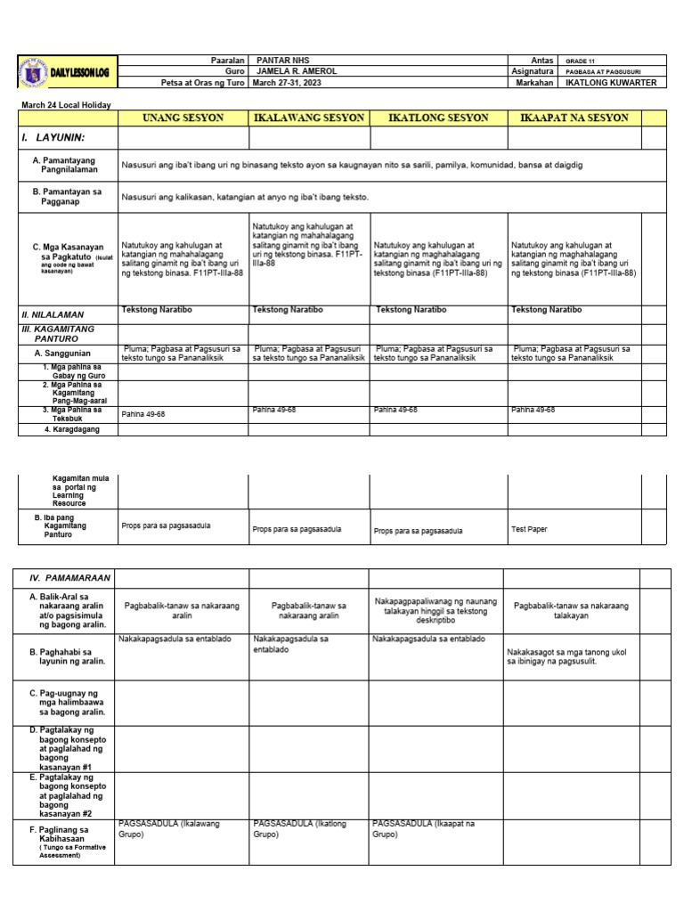 Jam Pagbasa DLP Week 5 | PDF