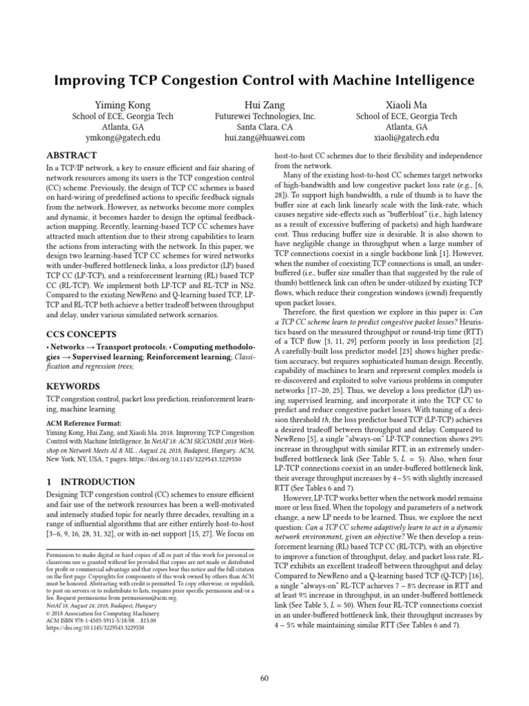 Improving Tcp Congestion Control With Machine Intelligence Pdf Transmission Control Protocol